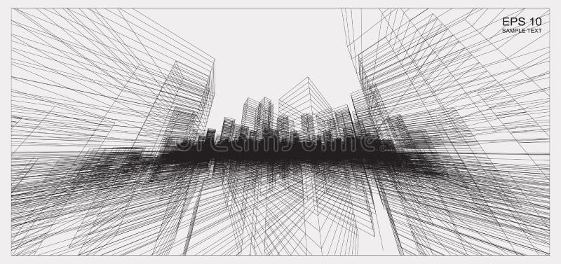 Perspective 3D Render of Building Wireframe. Abstract Wireframe City ...