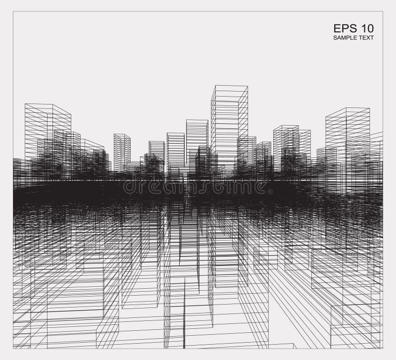 Perspective 3D Render of Building Wireframe. Abstract Wireframe City ...