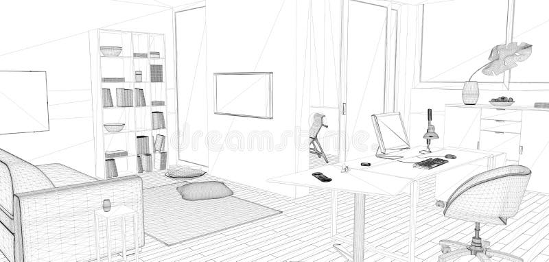 Perspective 3D Render of Interior Wireframe. Stock Illustration ...