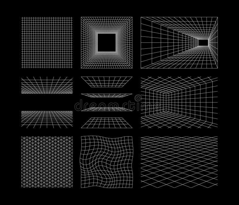 Perspective Grids. Retro Futuristic Wireframes, Cyberpunk Net Space ...