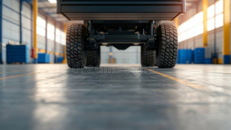 View from Ground Level of a Vehicle Chassis Inside a Spacious Warehouse ...