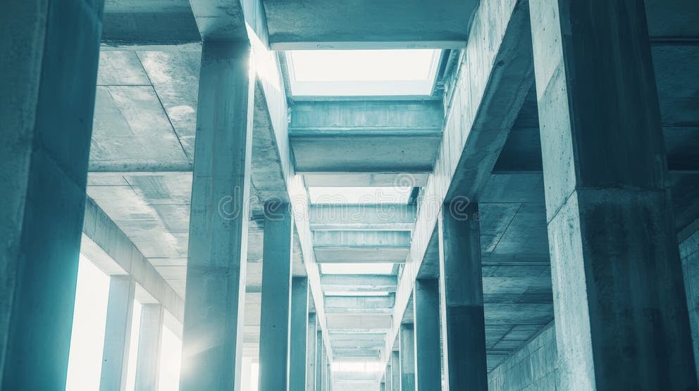 Perspective of a Long and Empty Hallway with Concrete Columns an Stock ...