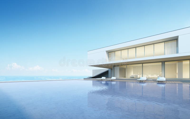 Perspective Of Modern House With Swimming Pool On Sea Background ...