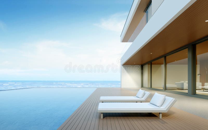 Perspective of Modern House with Swimming Pool on Sea Background ...