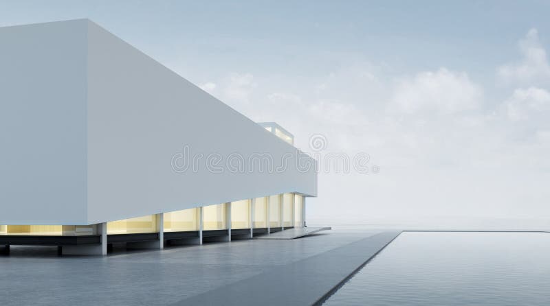 Perspective of Modern House with Swimming Pool on Sea Background ...
