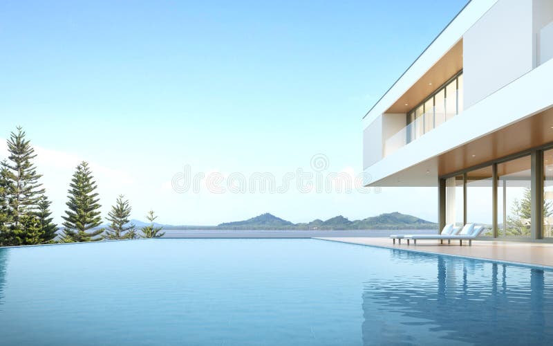 Perspective of Modern House with Swimming Pool on Sea Background ...