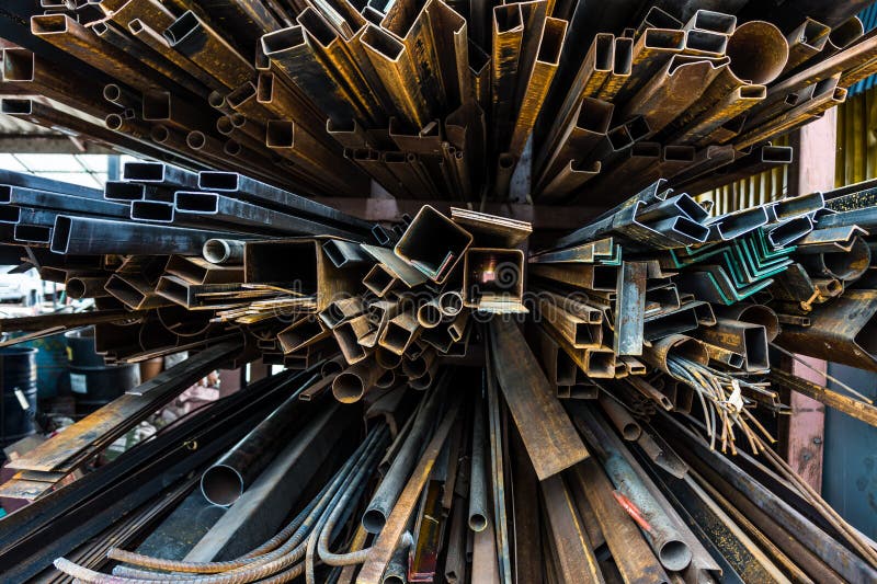 Perspective of Pile of Construction Metals in Factory Stock Photo ...