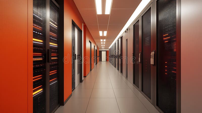 Perspective Shot Down a Computer Server Room Corridor, Orange and Gray ...