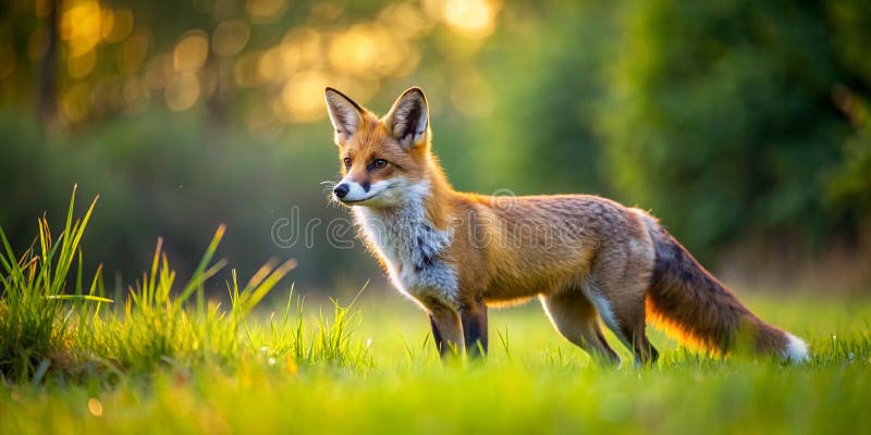Perspective Shot of Fox Darting Foreground Grass Sharp Trees Blurred ...
