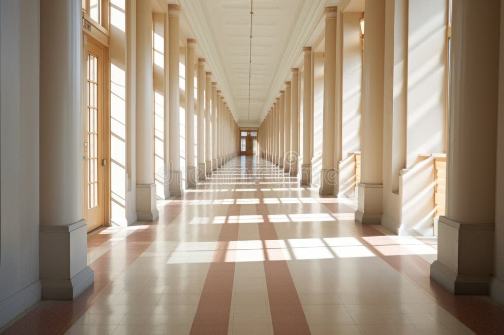 Perspective Shot of a Long Courthouse Corridor Stock Image - Image of ...