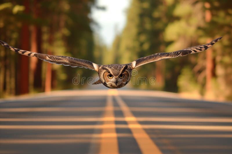 Perspective Shot of Owl Flying Down an Open Road, Forest on Both Sides ...