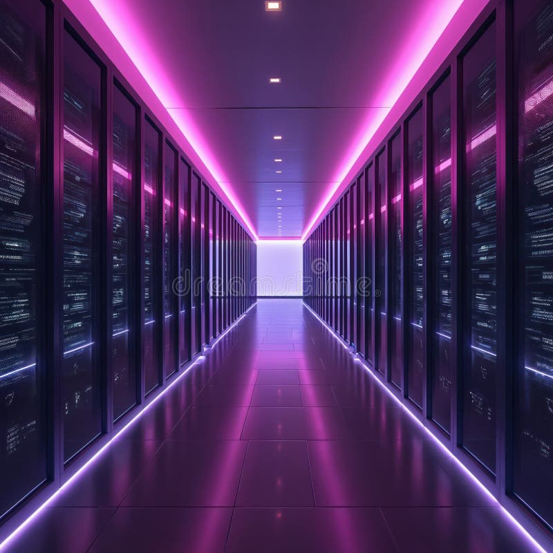 Perspective Shot of Server Room Interior with Purple Neon Lights. Modern Data Center, Network ...