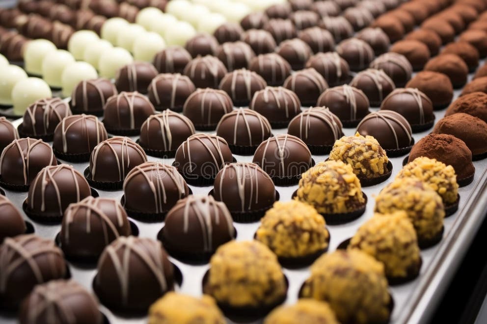 Perspective Shot of Several Unbaked Chocolates Aligned in Rows Stock ...