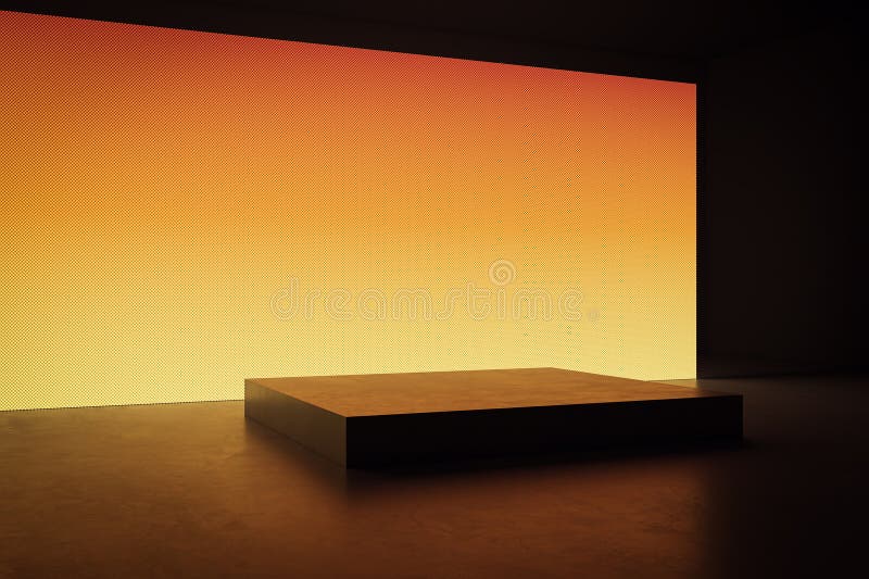Perspective View of Blank Orange Digital Screen Wall and Concrete Floor ...
