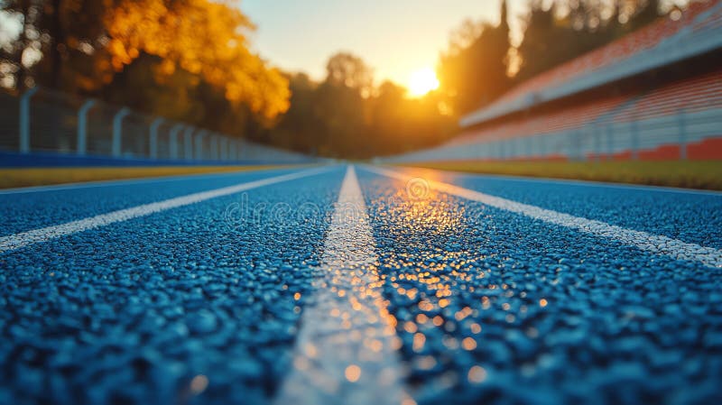 Perspective View of a Blue Running Track Under a Sunset Sky Stock ...