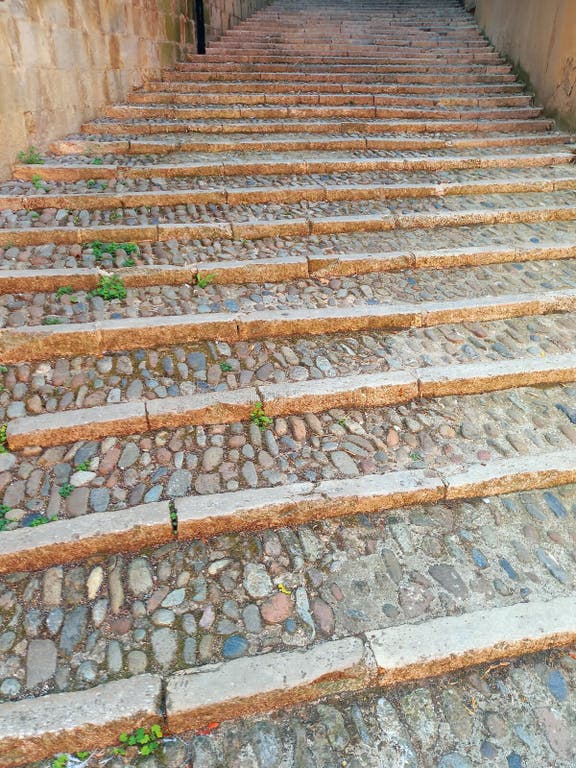 Perspective View of Cobblestone and Stone Staircase. Pavement Stone ...