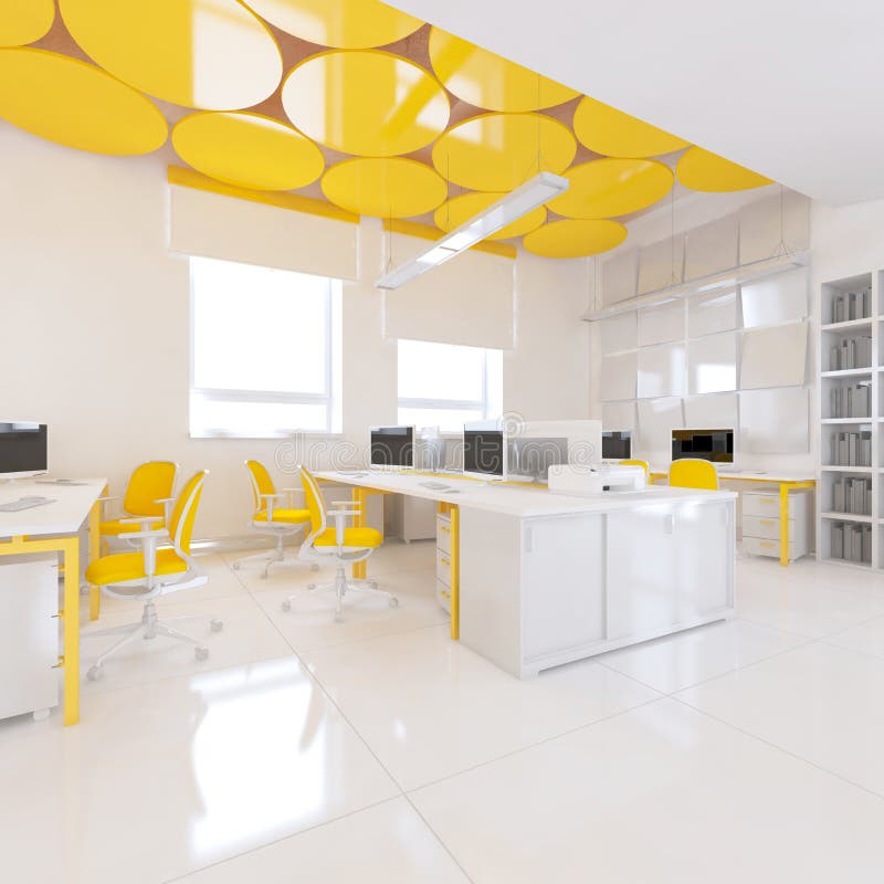 Perspective View of a Color Office Interior with a Row of White Tables ...