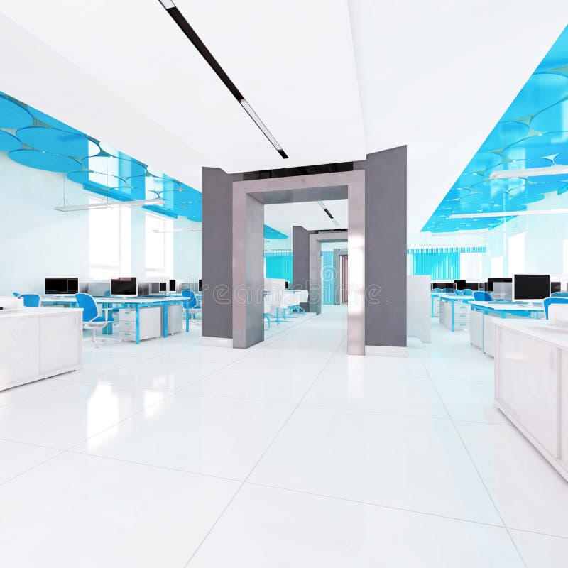 Perspective View of a Color Office Interior with a Row of White Tables ...