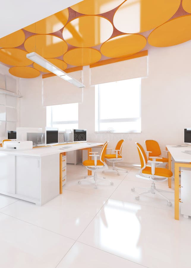 Perspective View of a Color Office Interior with a Row of White Tables ...