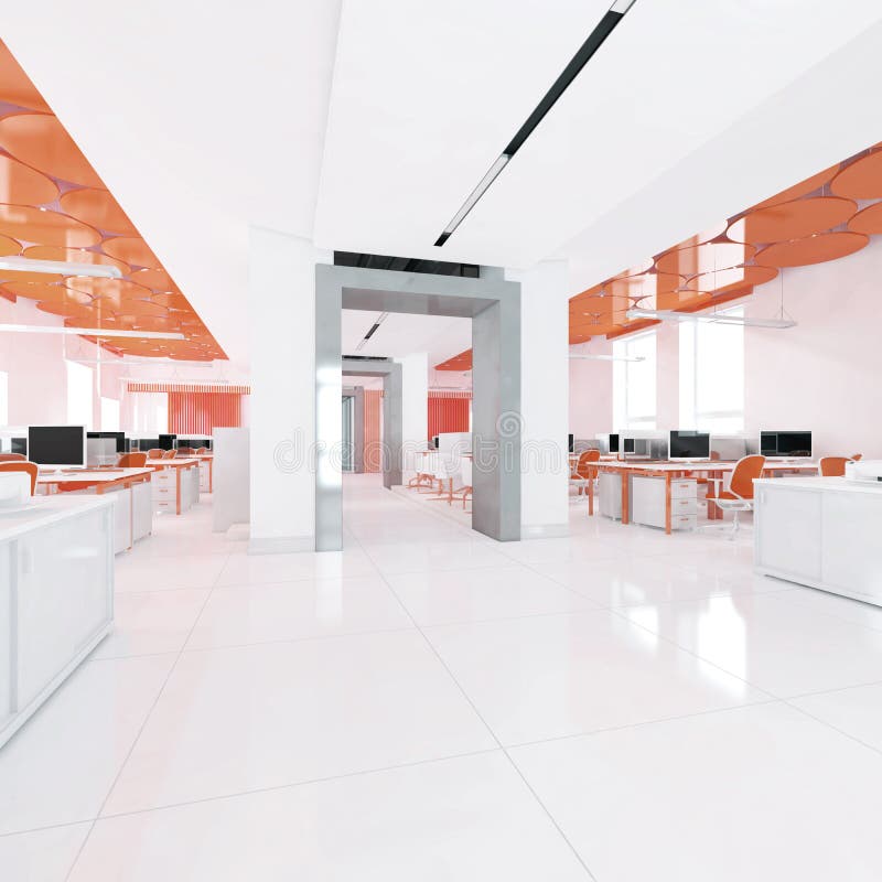 Perspective View of a Color Office Interior with a Row of White Tables ...