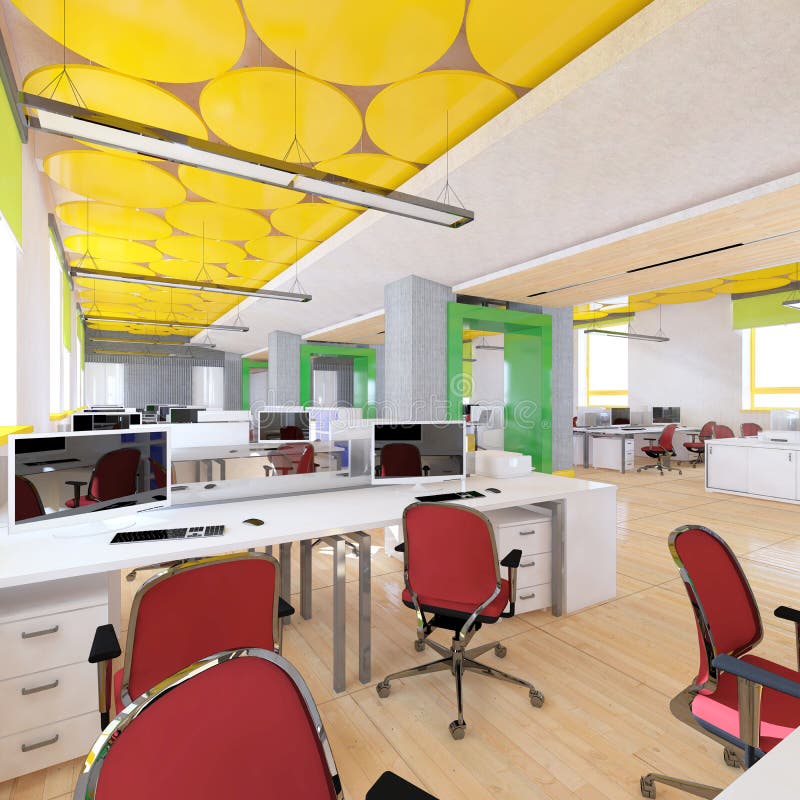 Perspective View of a Color Office Interior with a Row of White Tables ...