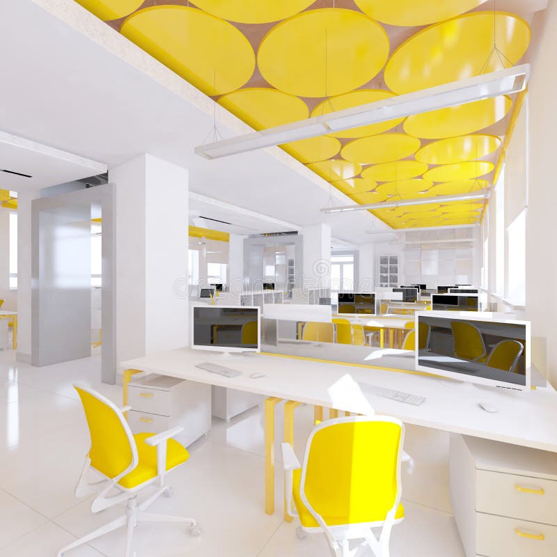 Perspective View of a Color Office Interior with a Row of White Tables ...