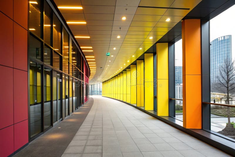 Colored Corridor with Yellow Lights in the Hall of a Modern Office ...