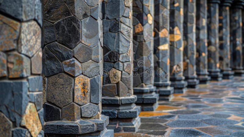 A Corridor Lined with Hexagonally Patterned Stone Pillars Stock ...