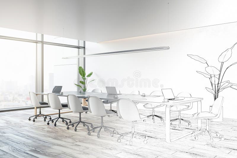 Perspective View of Empty Meeting Room Interior with Office Table and ...