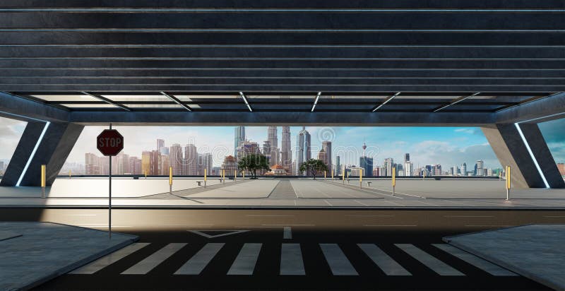 Perspective View of Empty Street and Modern Rooftop Building Stock ...