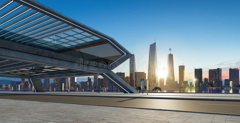 Perspective View of Empty Street and Modern Rooftop Building Stock ...