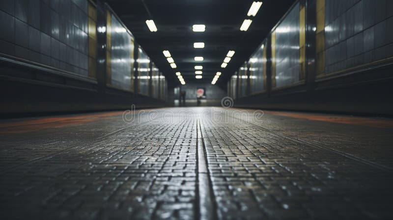 Perspective View of an Empty Subway Station Corridor with Illuminated ...