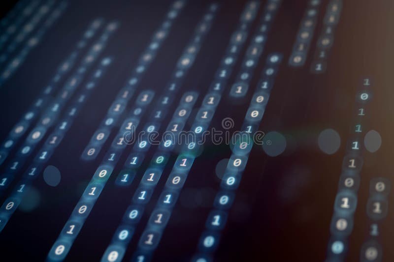 Perspective View of Glowing Binary Code Flowing Diagonally on Screen, Symbolizing Deep Data ...