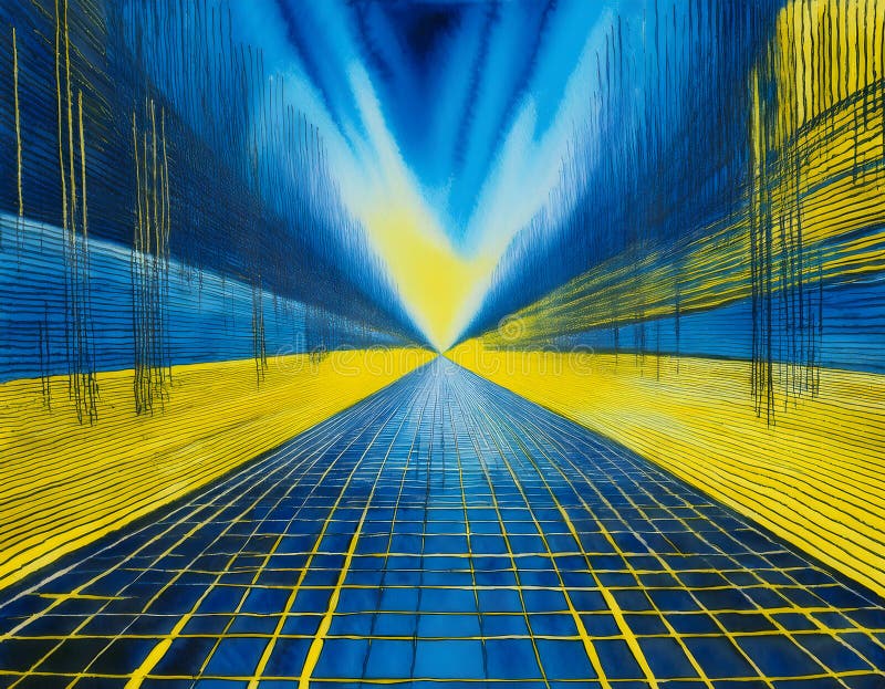 A Perspective View of a Gridded Pathway in Blue and Yellow Hues ...