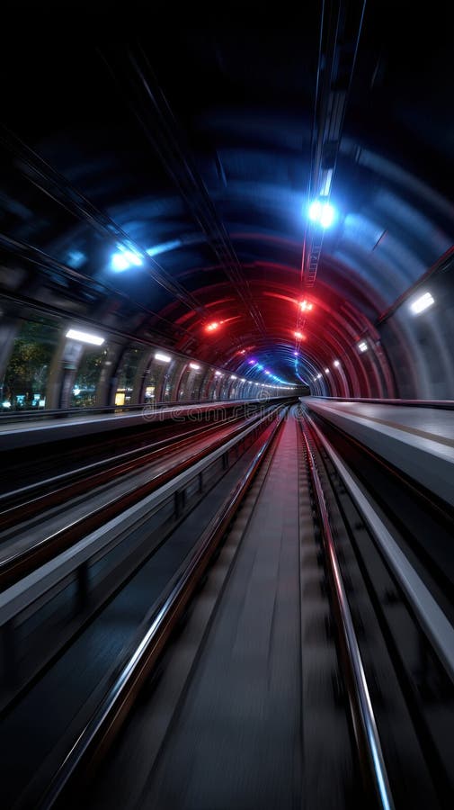 Perspective View Inside a Moving Train Tunnel with Illuminated Track ...