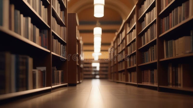 Perspective View of a Library Aisle Lined with Books, Lit by Hanging ...