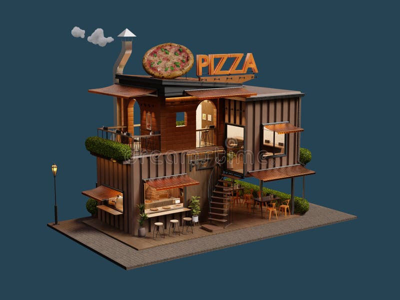 Perspective View Minimal Pizza Restaurant Container Store Exterior ...