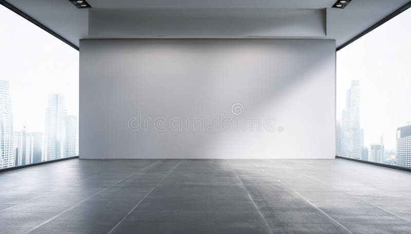 Perspective View of Modern Bright Gallery with Blank White Wall ...