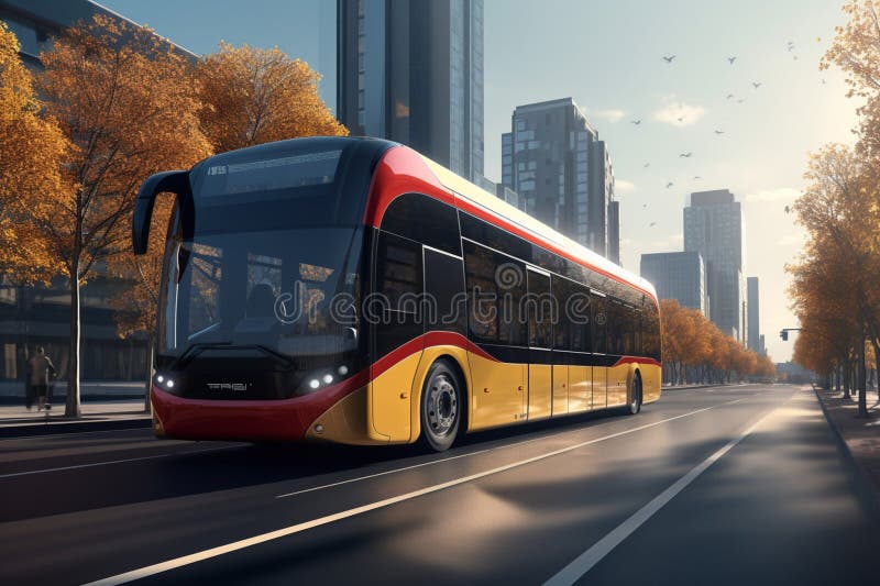 Perspective View Modern Bus in the City, 3D Rendering Stock ...