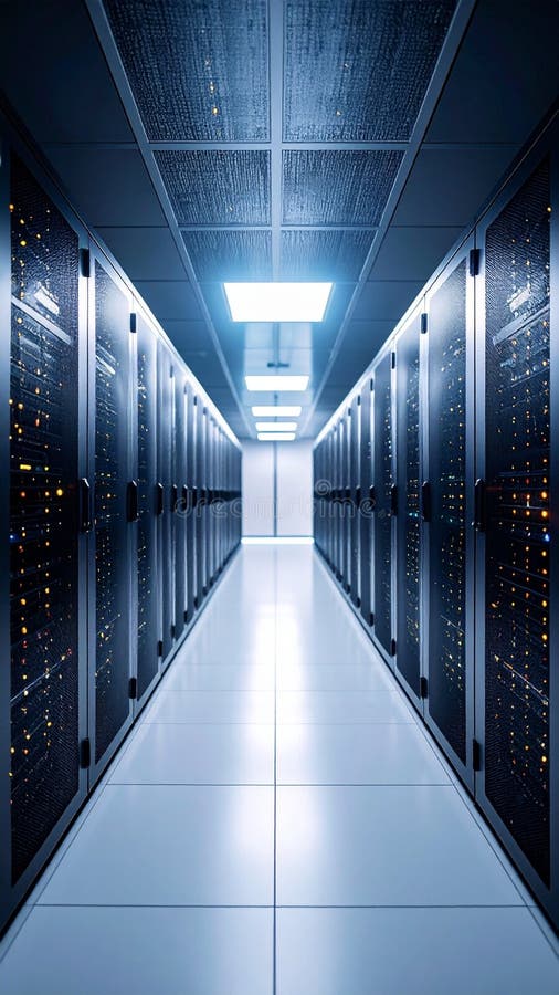 Perspective View of a Modern Data Center Server Room Aisle with ...