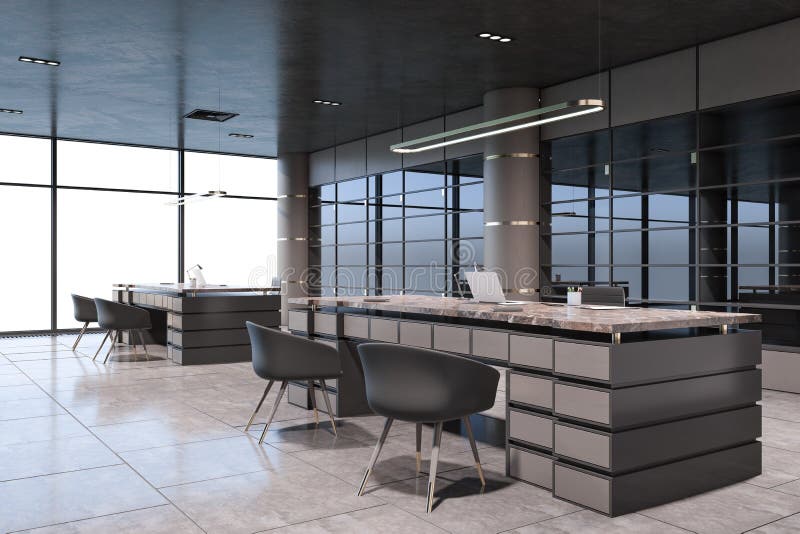 Perspective View on Modern Interior Design Huge Work Tables with ...