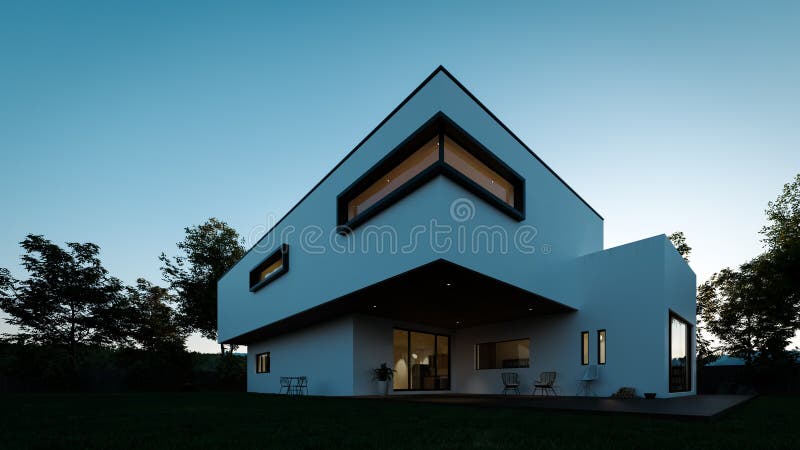 Perspective View of Modern Two Storey House Architecture at Sunset with ...