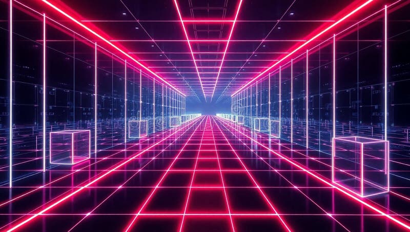 Perspective View of a Neon Grid Tunnel with Floating Cubes and Vertical ...