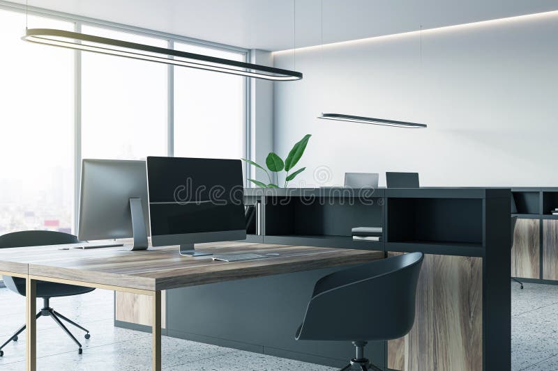 Perspective View of an Open Office Interior with Desks, Computers, a ...