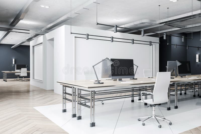 Perspective View on Open Space Office with Modern Computers on Wooden ...