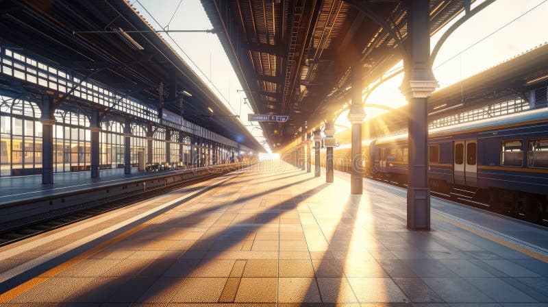 Perspective View of a Platform in Railway Station with Sunlight Cast on ...