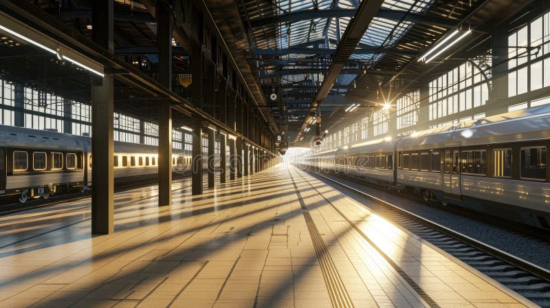 Perspective View of a Platform in Railway Station with Sunlight Cast on ...