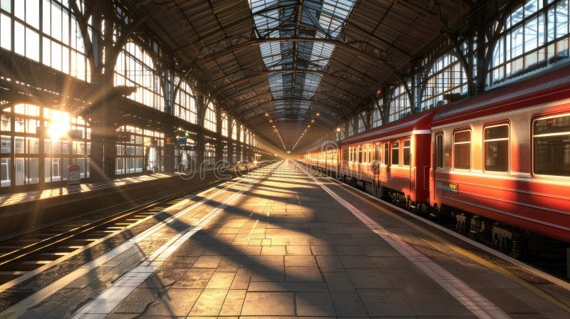Perspective View of a Railway Station with Sunset Light Cast on Train ...