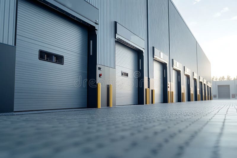 Perspective View of a Row of Loading Docks with Closed Roller Doors in ...