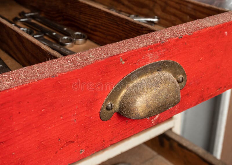 Closeup of Open Red Tool Drawer with Tool Compartments and Wrenches in ...